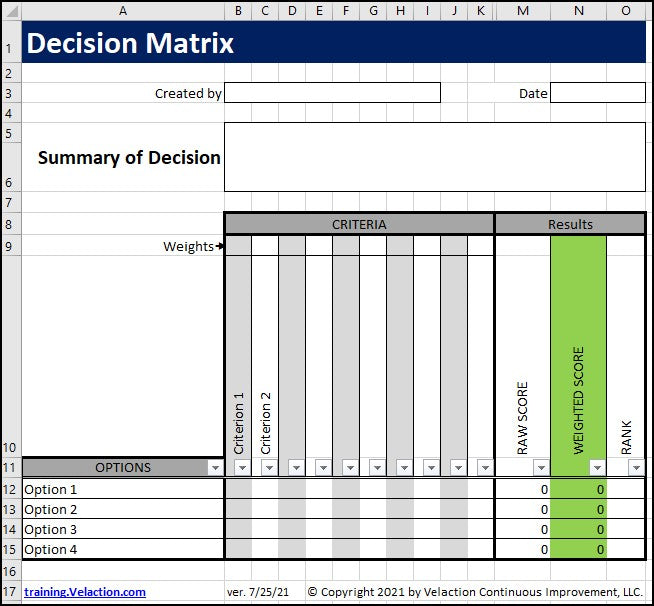 Decision Matrix Excel Template